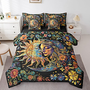 jejeloiu Sun Moon Queen Comforter Set with Sheets Boho Exotic 7 Pieces Bedding Set for Kids Boys Girls Teens Room Decor Floral Print Bohemian Bed in a Bag Queen Size Galaxy Bed Set