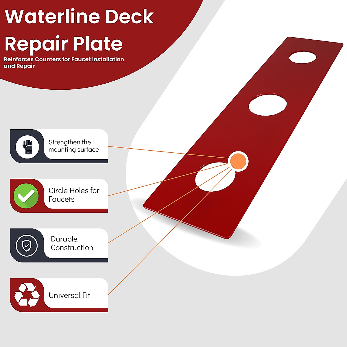 Waterline 3 Hole Escutcheon Deck Repair Plate for Kitchen or Bathroom Faucets - Universal Fit, 12 Inches, 14GA Steel | Sink Cover Baseplate Reinforces Counters and Provides Stable Faucet Maintenance