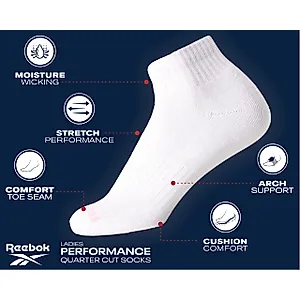 Reebok Women's Quarter Socks - 6 Pack Stretch Performance Arch Support Socks - Soft Cushioned Athletic Socks for Women (4-10), Size 4-10, Grey Pattern
