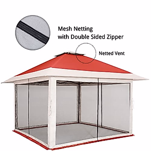 Suntime 13x13 Instant Pop Up Gazebo Canopy Tent Shelter with Solar LED Lights, Zippered Mesh Mosquito Netting, Wheeled Roller Carry Bag, Bonus Weight Sandbags, Stakes, Ropes - Red