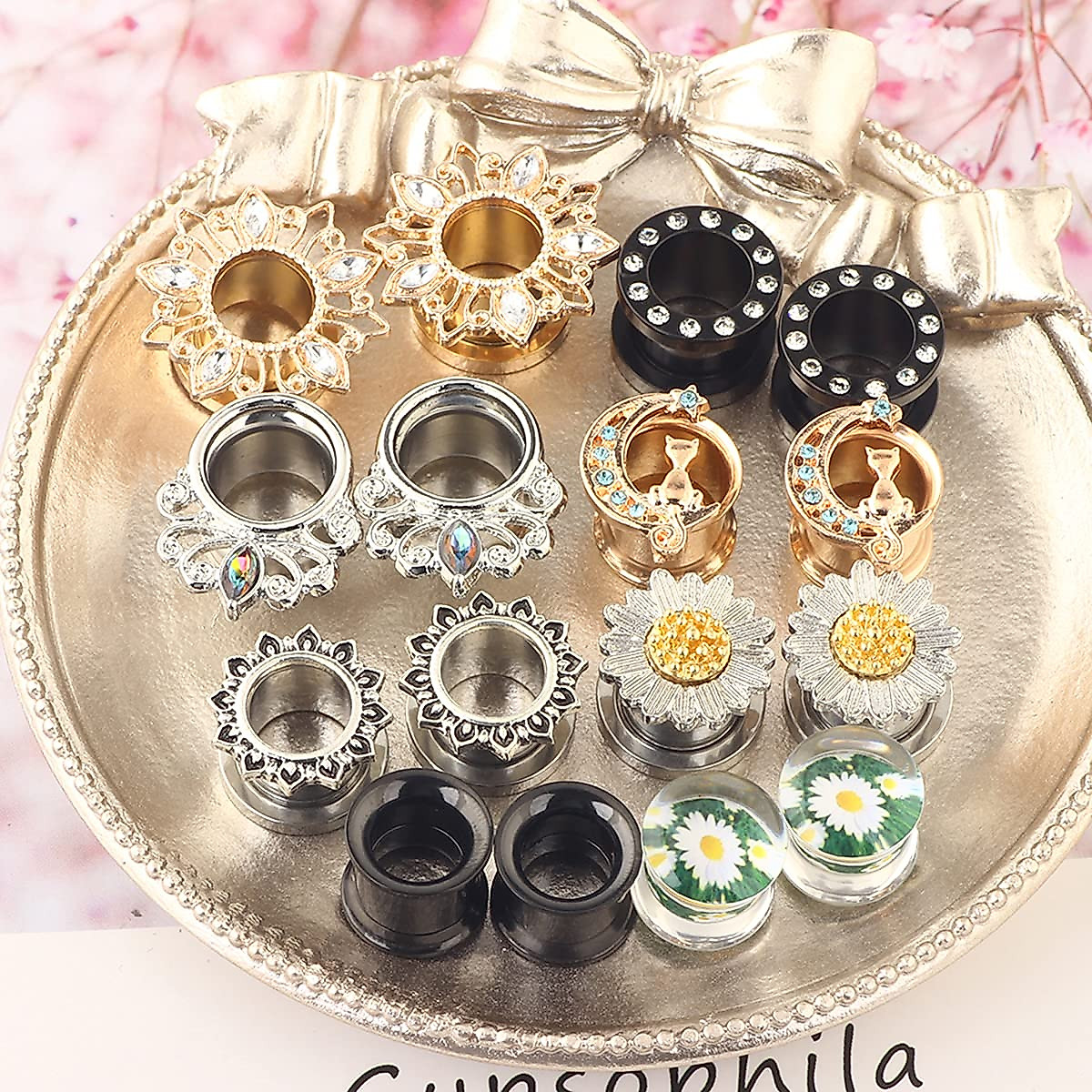 8 Pairs Ear Tunnels Gauges For Women Black Internally Flare Earrings Plugs Gauges For Ear Stainless Steel Plug Tunnel Piercing Stretcher Kit Rhinestone Flower Drop 10mm 00g