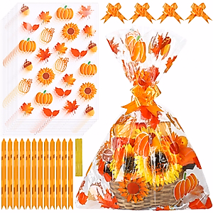 MIMIND 12 Pieces Fall Thanksgiving Large Basket Bags Cellophane Gift Bags Bulk 19.7 x 27.6 Inch Fall Plastic Gift Wrap Bags with 12 Pull Bows 20 Twist Ties for Thanksgiving Gift Baskets