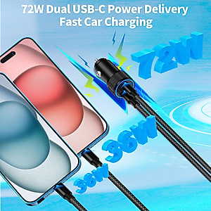【MFi Certified】iPhone 15 Fast Car Charger, Linocell 72W Dual PD Car Power Cigarette Lighter USB-C Fast Car Charge Adapter+2Pack Type-C Braided Cable for iPhone 15/15 Pro/iPad Pro/Galaxy S24/S23/Pixel