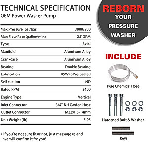 YAMATIC 7/8" Shaft Vertical Pressure Washer Pump, 2600-3000 PSI @2.3 GPM OEM & Replacement Pump for Power Washer, Replacement with Troybilt, Briggs&Stratton, Craftsman, AR, Honda Front Inlet/Outlet
