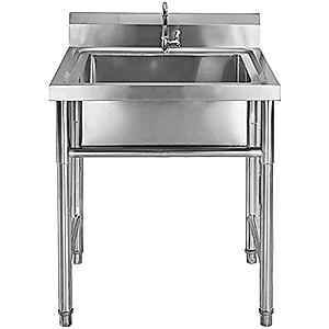 BSQT Movable Stainless Steel Utility Commercial Sink with 360 Degrees Faucet，Kitchen Single Sink for Outdoor Indoor Garage Laundry Utility Room -70×70×80cm (Size : 606080cm),60*60*80cm