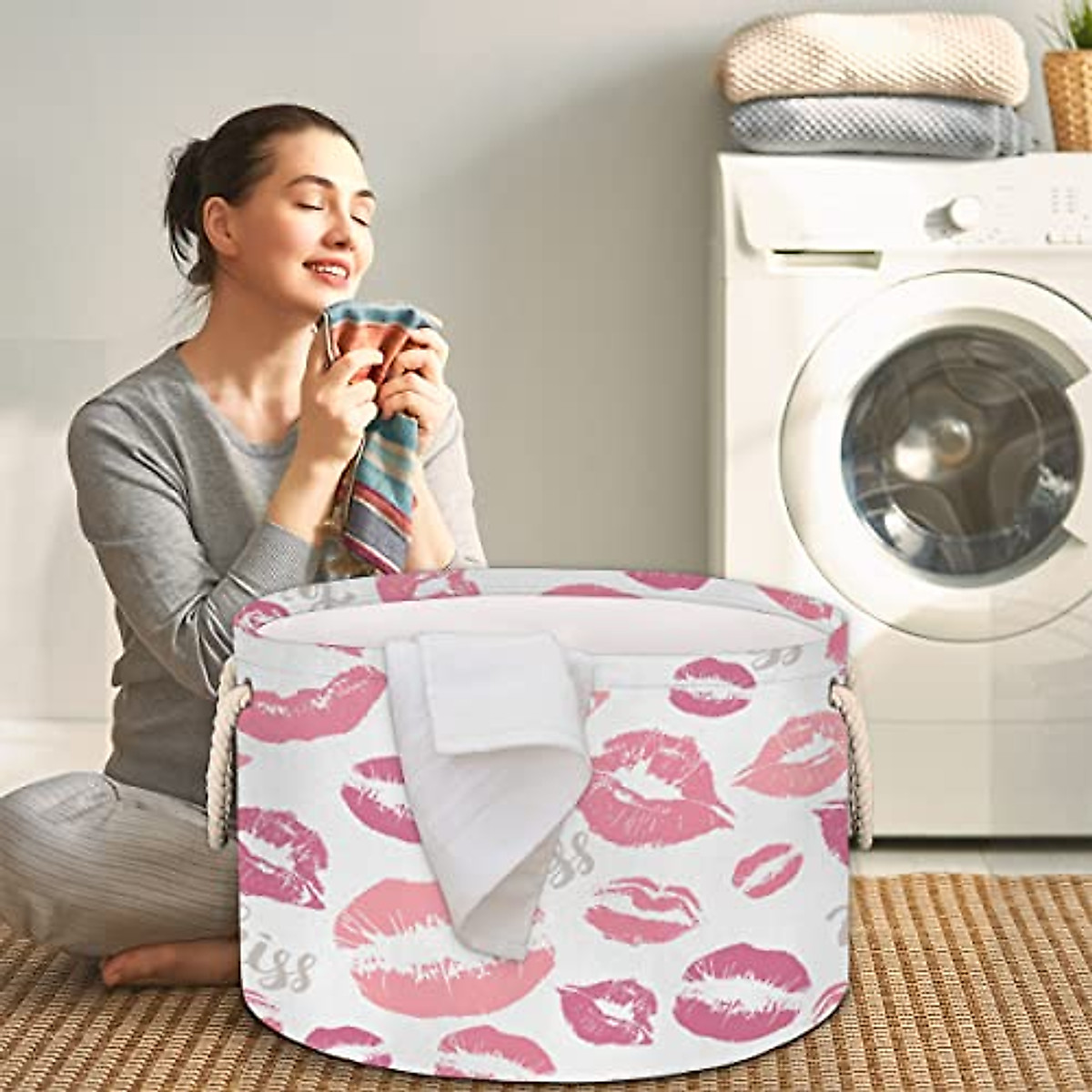 Kiss Print Large Round Baskets for Storage Laundry Baskets with Handles Blanket Storage Basket for Bathroom Shelves Bins for Organizing Nursery Hamper Girl Boy