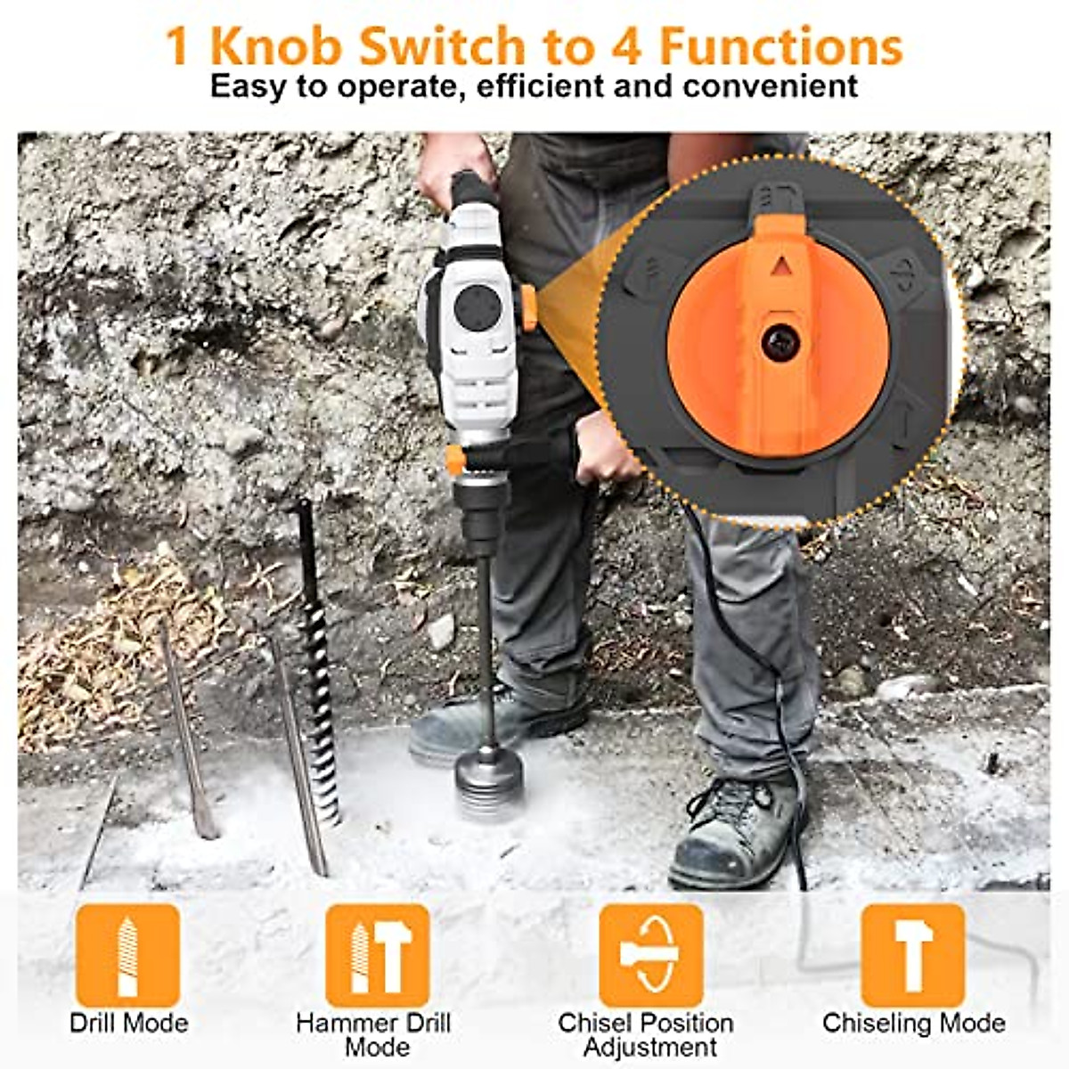 [Upgraded] Towallmark 12.5 Amp Rotary Hammer Drill, 1-1/4 Inch SDS-Plus 4 in 1 Multi-functional Heavy Duty hammer drill, Safety Clutch, Drill Chuck, for Concrete, Tile, Wall, Stones, Cement and Metal