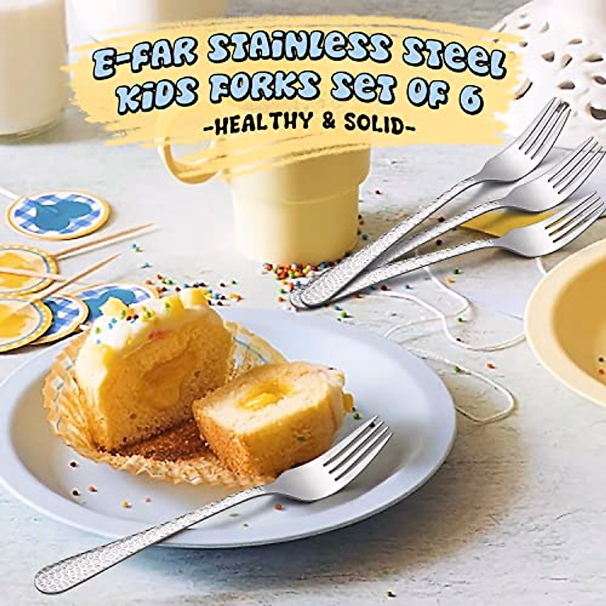 Stainless Steel Kids Forks, E-far 6-Piece Toddlers Forks Safe for Preschooler/Children, Hammered Adult look & Small Size, Rust Free & Dishwasher Safe