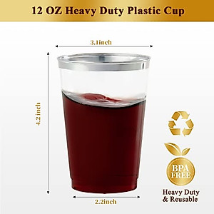 Vplus 150 Pack 12 oz Silver Rimmed Plastic Cups, Reusable Clear Plastic Cups, Disposable Heavy Duty Plastic Cups Perfect For Wedding, Thanksgiving Day, Christmas, Halloween Party Cups
