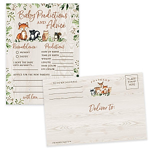 Printed Party Virtual Baby Shower by Mail, Woodland Forest Animals, Set of 5 Double-Sided Invitations, Games, Activities and Thank You Cards