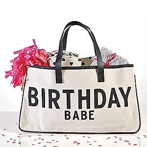 Santa Barbara Design Studio Tote Bag Hold Everything Collection Black and White 100% Cotton Canvas with Genuine Leather Handles, Large, Birthday Babe