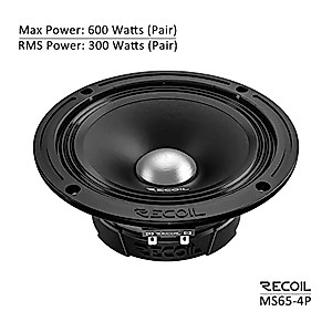 RECOIL MS65-4P 6.5-Inch Midrange Pro Audio Car Speakers, 600 Watts Max, 300 Watts RMS, 4Ohm, 1.5-Inch High Temperature Kapton Voice Coil, Premium Quality Car Audio Door Speakers (Pair)