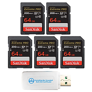 SanDisk 64GB (Five Pack) Extreme Pro Memory Card (SDSDXXY-064G-GN4IN) SDXC 4K V30 UHS-I with Everything But Stromboli (TM) Combo Reader