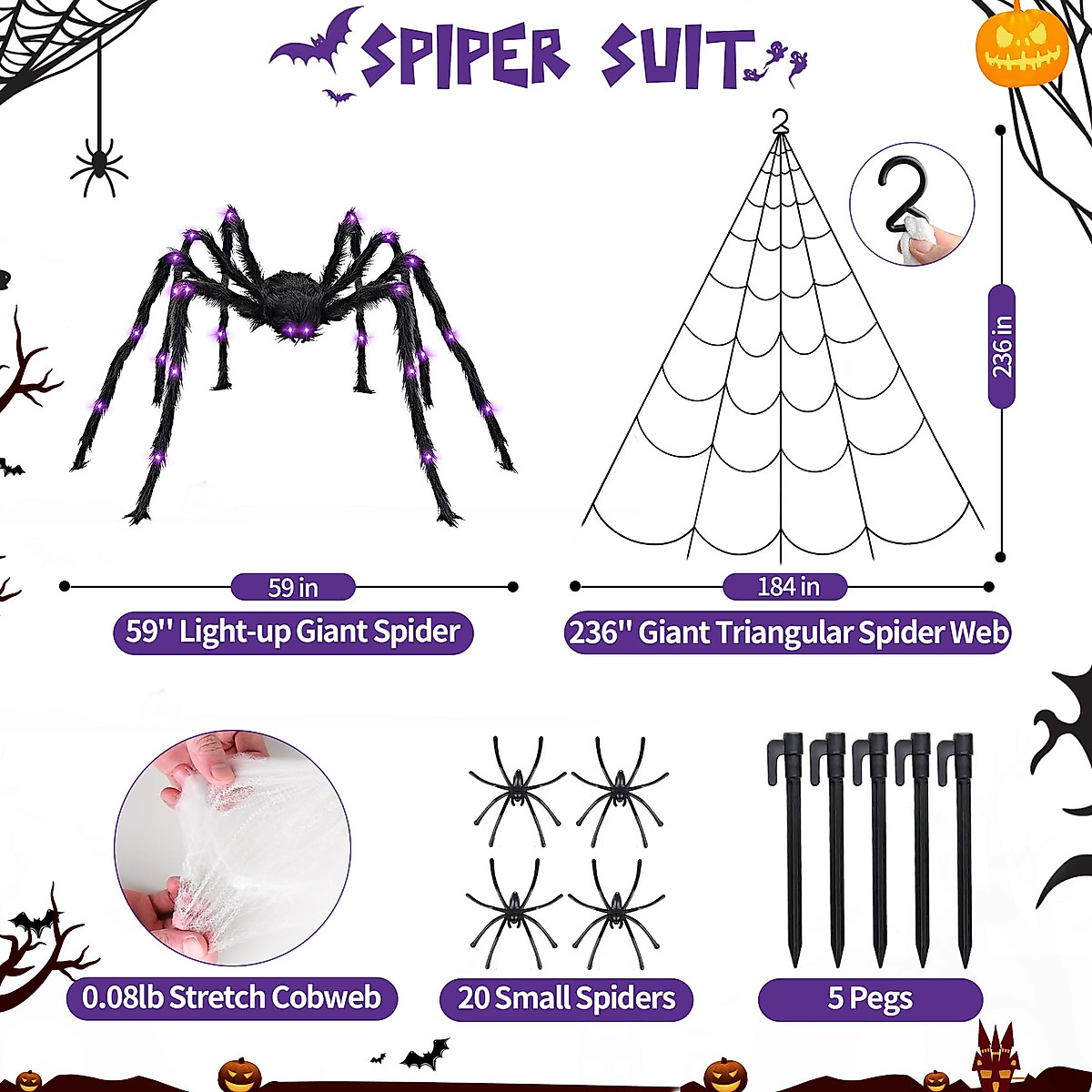 Spider Webs Halloween Decorations, 59'' Light-up Giant Spider + 236'' Giant Triangular Spider Web + 0.08lb Stretch Cobwebs for Indoor and Outdoor Patio Party Haunted House Decoration(Black Plush)