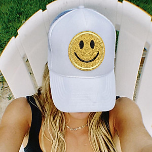 lycycse Smile Face Hat Womens Mesh Neon Trucker Hats with Sequins Smile Patch Preppy Hat Retro Baseball Cap