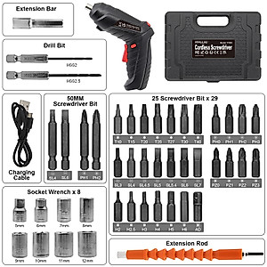 Cordless Electric Screwdriver, 3.6V Rechargeable Power Screwdriver with 47 pcs Accessories, usb charging, 3Nm Screw Gun, mini Carrying screwdriver set ​with LED Light for Father's Day Gift