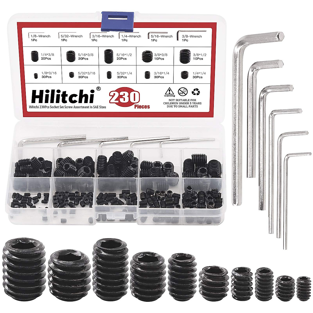 Hilitchi 230Pcs Socket Set Screw Assortment in SAE Sizes Internal Hex Drive Cup Point Allen Grub Screws 12.9 Class Black Alloy Steel (10Sizes)