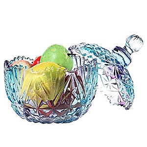 SOCOSY Royal Embossed Diamond Shaped Glass Candy Jar with Lid Jewelry Box Wedding Candy Buffet Jar Kitchen Storage Jar-Blue-10 oz