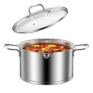 5 Quart Stainless Steel Induction Stock Pot with Glass Lid, 5 Qt Multipurpose Cooking Soup Pot with Pour Spout, Scale Engraved Inside, Dishwasher Oven Safe