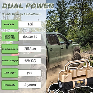 iKer 12V Air Compressor Heavy Duty Tire Inflator Portable for Truck SUV RV Tires,70L/Min Double Cylinders Metal Car Air Pump 150PSI Gold