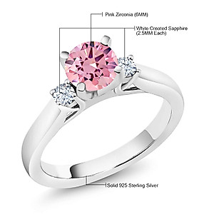 Gem Stone King 925 Sterling Silver Pink Zirconia and White Created Sapphire 3-Stone Engagement Ring For Women (1.60 Cttw, Round 6MM, Gemstone Birthstone, Size 9)