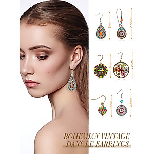 Hicarer 9 Pieces Bohemian Vintage Dangle Earrings Set Boho Retro Rhinestone Drop Earrings Multi-layer Beaded Leather Bracelet and Turquoise Bead Necklace Jewelry for Women