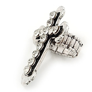 Avalaya 'Fleur de Lis' Crystal Set Statement Cross Stretch Ring In Vintage Silver Finish - 6cm Length - Adjustable size 7/8