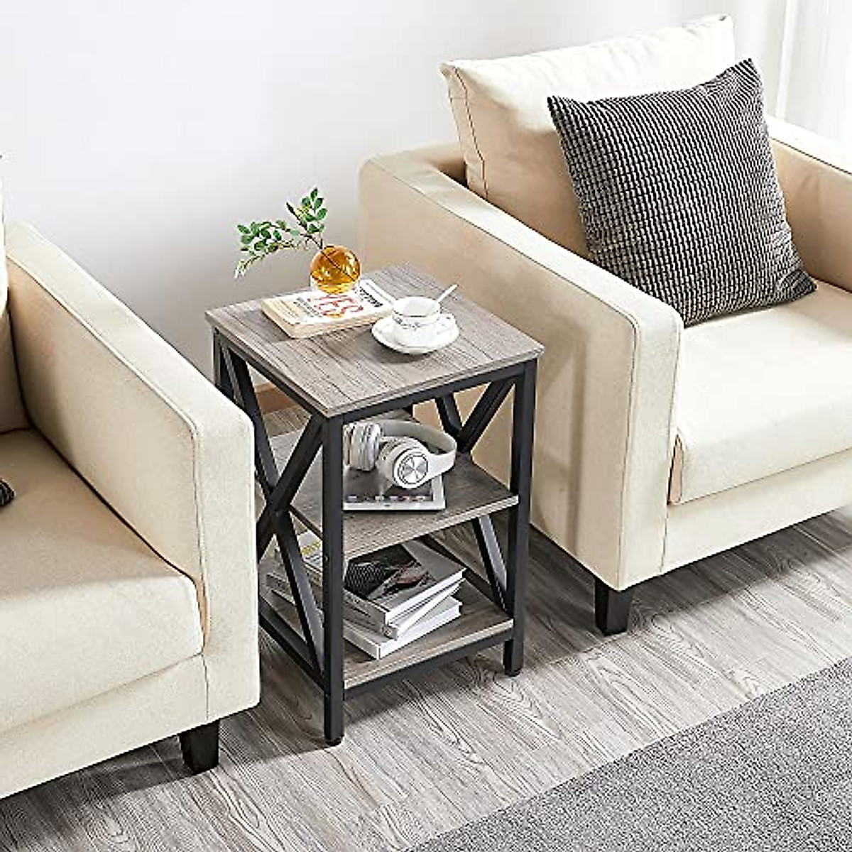 Yaheetech Industrial End Tables, 3-Tier Side Tables with Storage Shelves for Living Room, X Design Sofa Tables, Strong Metal Frame, Easy Assembly, Gray