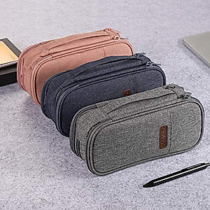 Pencil Case Big Capacity Pen Bag 3 Compartment Large Storage Pouch Marker Pen Case with Zipper Waterproof Portable for School Girls Boys Teens (Grey)