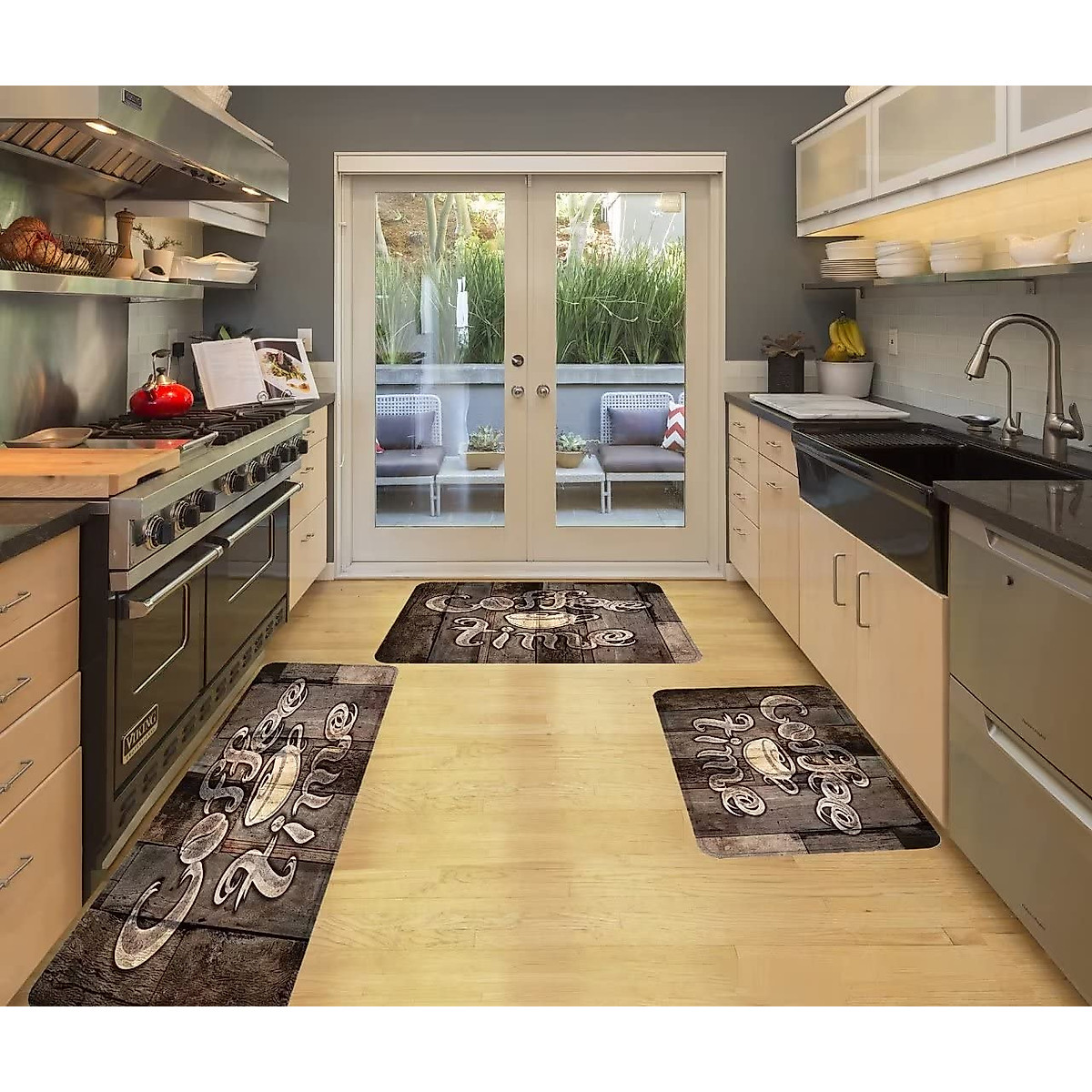 Vintage Kitchen Rug Sets 3 Piece Grunge Lettering Modern Coffee Time and Coffee Cup Retro Wood Farmhouse Floor Mats Washable Doormat Anti Fatigue Non-Slip Kitchen Runner Rugs Bedroom Area Carpet