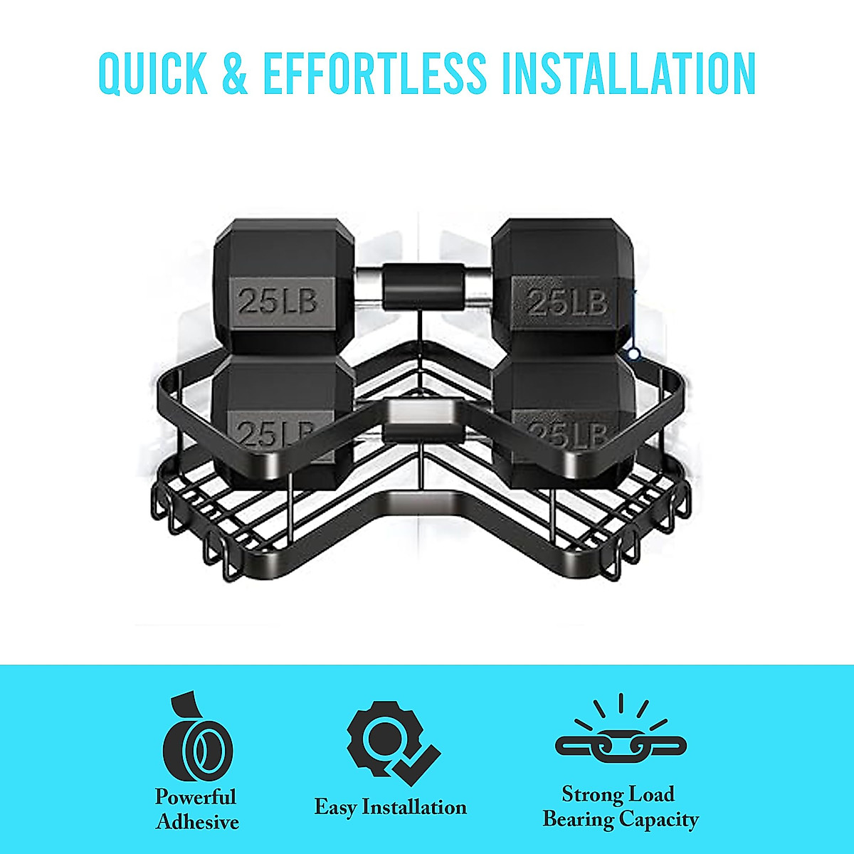 Modern Corner Caddy Stainless Steel Shelf for Shower, Adhesive Backing, 𝟵𝟬 𝗗egree Corner Shower Organizer Set with Soap Holder & Adjustable Hooks, Storage Shelves for Clutter-Free Washroom- Black