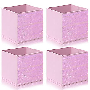 ELUCHANG Sequin Cube Storage Bins Organizer Container Foldable Fabric Closet Organizer Boxes Baskets for Shelves,Toys,Bedroom(4PCS,Pink)