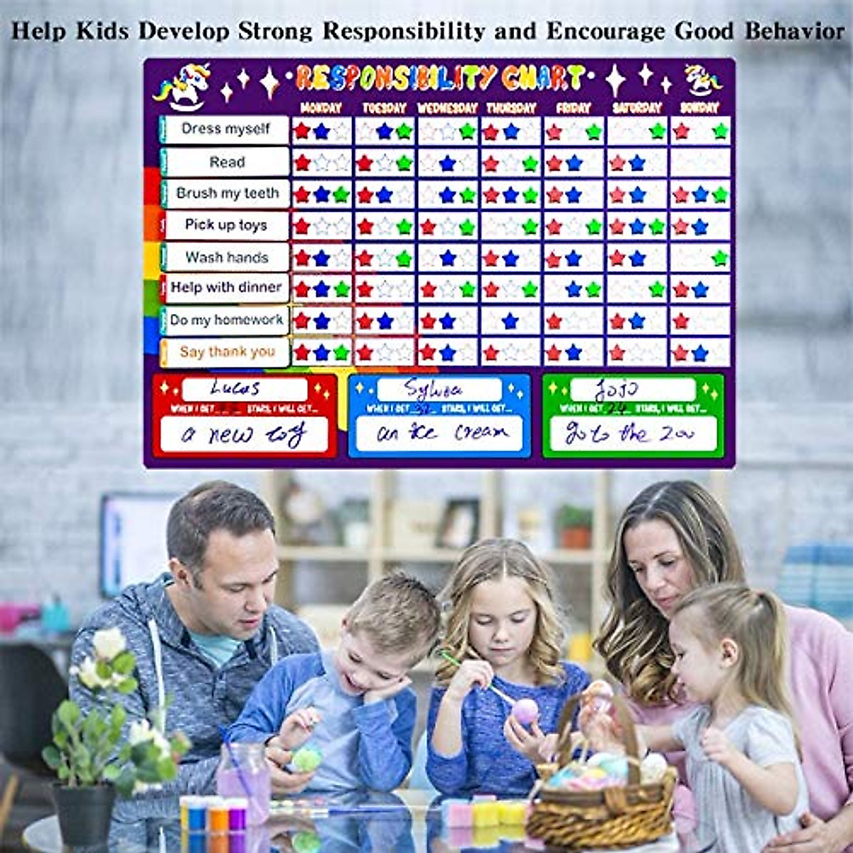 Magnetic Chore Chart, Responsibility Reward Chart for Multiple Kids Toddlers Unicorn Good Behavior Reward Chart for Fridge at Home Gift for Children - Dry Erasable, Purple
