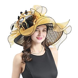 TLMNU Women Derby Church Hat Organza Flower Wedding Tea Party Fascinator Hat Wide Brim Sun Hat F5-Golden Hole