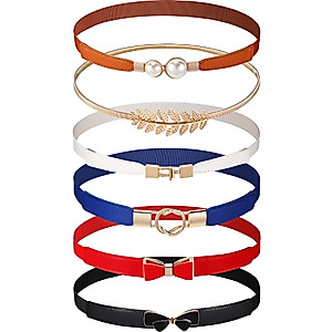 6 Pieces Women Skinny Waist Belts Stretch Waist Buckle Belts Thin Elastic Waist Cinch Belts Retro Faux Leather Waist Band with Metal Buckle for Women Girls