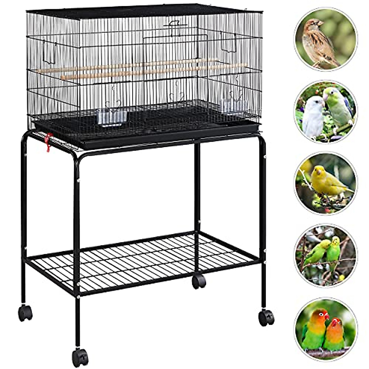 Yaheetech 47-inch Rolling Breeding Flight Bird Cages for Parakeets Budgies Finches Cockatiels Conures Lovebirds Canaries Parrots w/Detachable Stand, Black