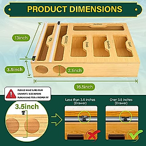 KOCWELL Ziplock Bag Organizer and Plastic Wrap Dispenser with Cutter, 6 In 1 Bamboo Foil and Plastic Wrap Organizer for Kitchen Drawer, Food Storage Bag Organizer for Gallon,Quart,Sandwich,Snack