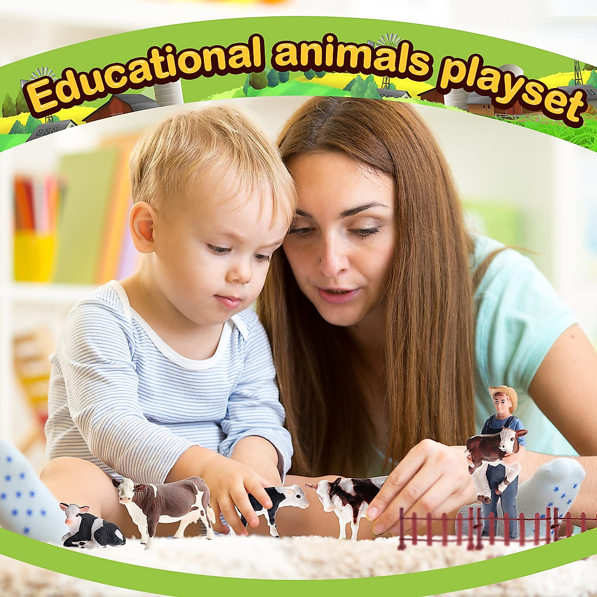 Zomiboo 17 Pieces Corral Fence Toy Cow Farm Figures Barn Animals Keepers Plastic Animals Figures Realistic Toy Animal Fence Barn Sets with Animals for Preschool Educational Christmas Decorations