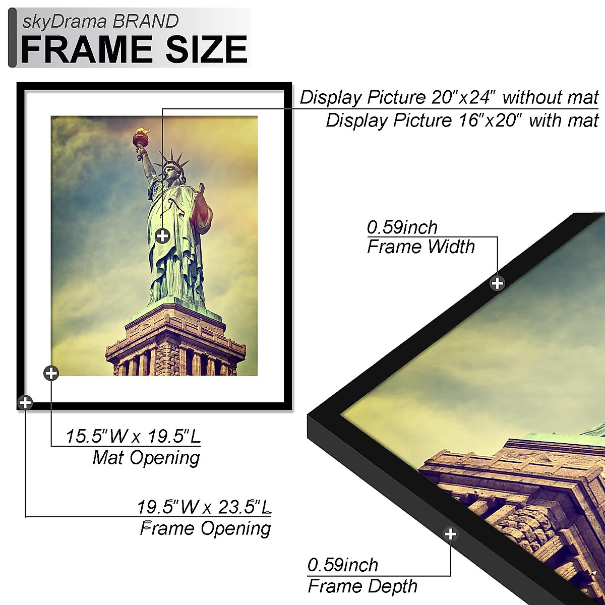 skyDrama 20x24 Picture Frame Black Solid Wood Material Set of 3, Display 16x20 Photo without Mat or 20x24 Poster with Mat, Light Weight High Transparent 20by24 Frame for Wall - 20"x24"/Black/3Pack