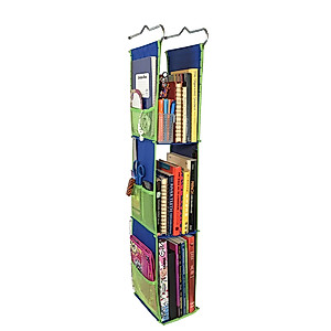 LockerWorks 3 Shelf Adjustable Hanging Locker Organizer, Sturdy & Compact, 20-38" Tall x 6" Wide x 9" Deep, Shelves 12-14" Tall, Hangs from Shelf, Hooks or Rod to create storage. Royal Blue/Green Trim