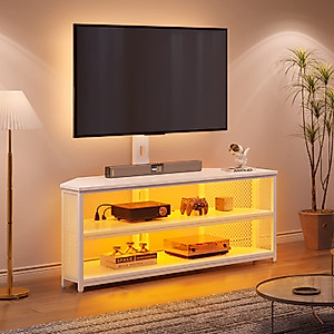 Rolanstar TV Stand with Mount and Power Outlet, Swivel TV Stand Mount with LED Lights for 32/45/55/60/65/70 inch TVs, White Entertainment Center Media Console with Height Adjustable Mount