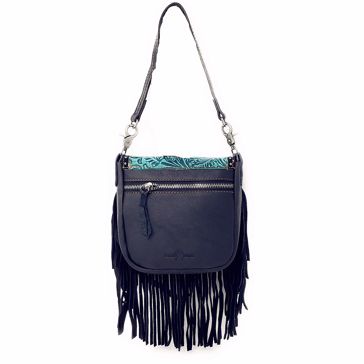 Western Genuine Leather Floral Tooled Fringe Womens Crossbody Bag 3 Color (Turquoise/Black)