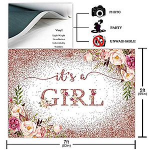 Avezano Rose Gold Baby Shower Backdrop for Girls Party Blush Pink Floral It's a Girl Baby Shower Photography Background Rose Gold Glitters Confetti Decoration Photoshoot Events Banner (7x5ft)