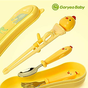 Goryeo Baby Toddler Utensils Stainless Steel Kids Silverware Set with Kids Training Chopsticks and Baby Spoon and Fork for Self Feeding Learning with Case (3PCS)(Yellow)