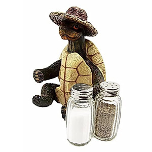 Set Of 1 Outgoing Turtle With Wicker Hat Salt Pepper Shakers Holder Figurine