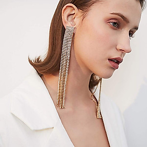 fxmimior Fashion Women Long Rhinestones Tassel Earrings Gold Bohemian Long Chain Drop Dangle Earrings Jewelry for Women