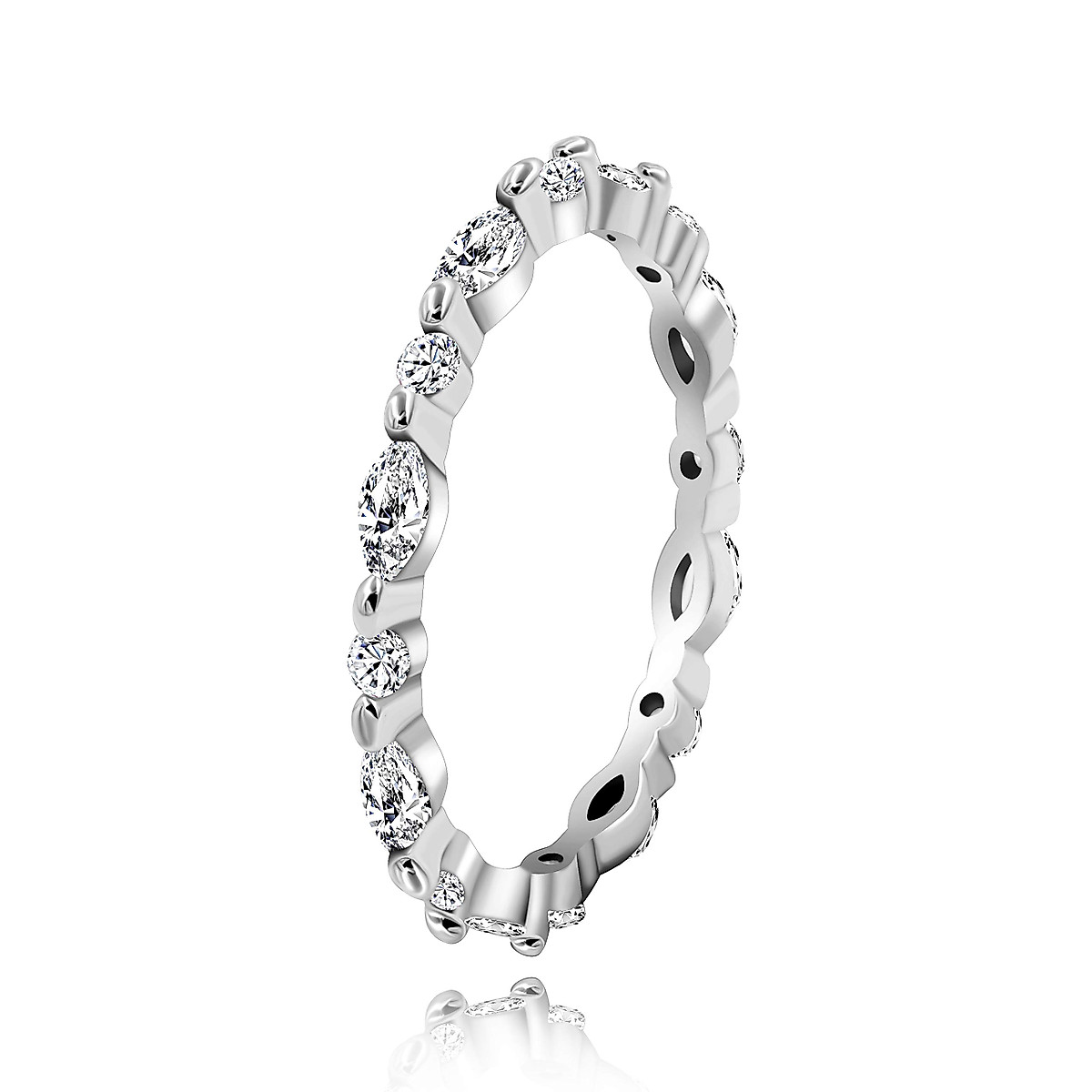 Uloveido Marquise & Round CZ Diamond Ladies Vintage Style Stackable Wedding Band Ring,925 Silver Milgrain Ring White Gold Filled (size 6)