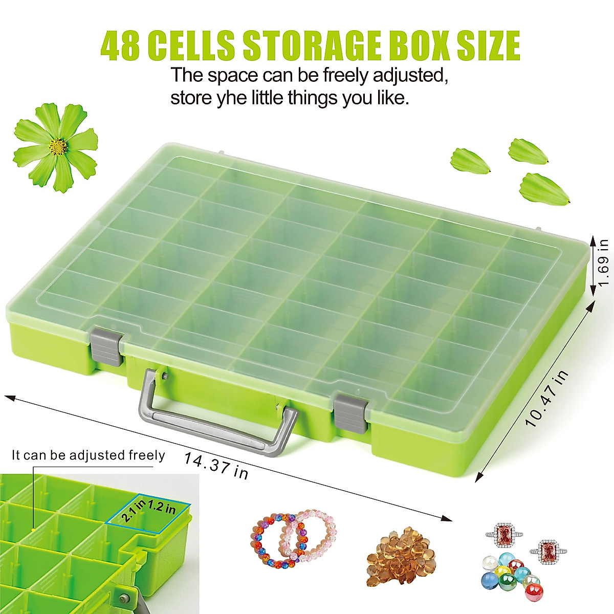 LZLMQSSA Large 48 Grids Transparent Plastic Organizer Box, Adjustable Compartment Craft Storage Container, Small Parts Organizer, Bead Organizers and Storage (Light green)