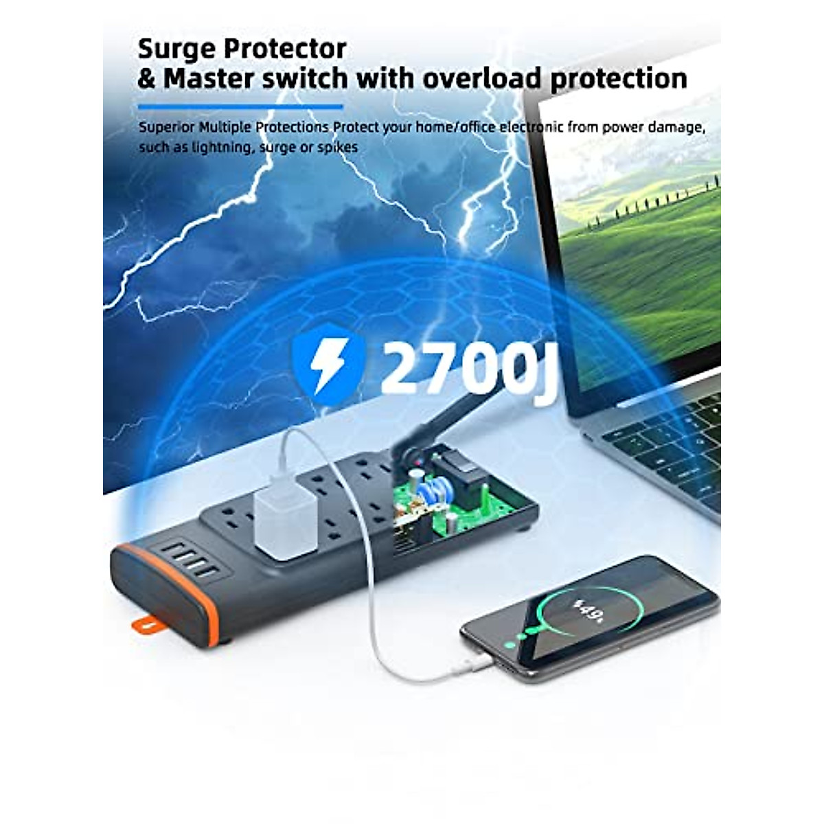 Surge Protector Power Strip Flat Plug, Swivel Extension Cord 6 Feet 3 Prong, 4 USB Ports(PD 24W), 8 Outlets, 2700 Joules, 15A/1875W, Circuit Breaker Switch, SGS Approved