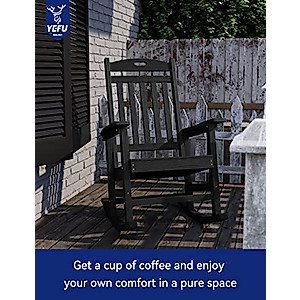 YEFU Outdoor Rocking Chair, Poly Lumber Patio Rocker Chair with High Back, Poly Rocking Chair Look Like Real Wood, Widely Used for Lawn, Porch, Backyard, Indoor and Garden,380lb Heavy Duty(Black)